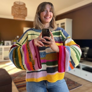 Crochet Colorful Sweater, Striped Patchwork Sweater, Big Sleeves Warm ...