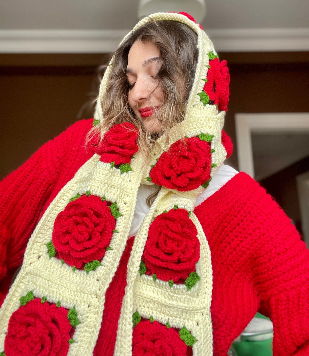 Crochet Rose Scarf, 2 Different Colors Handmade Scarf, Bhava Style ...