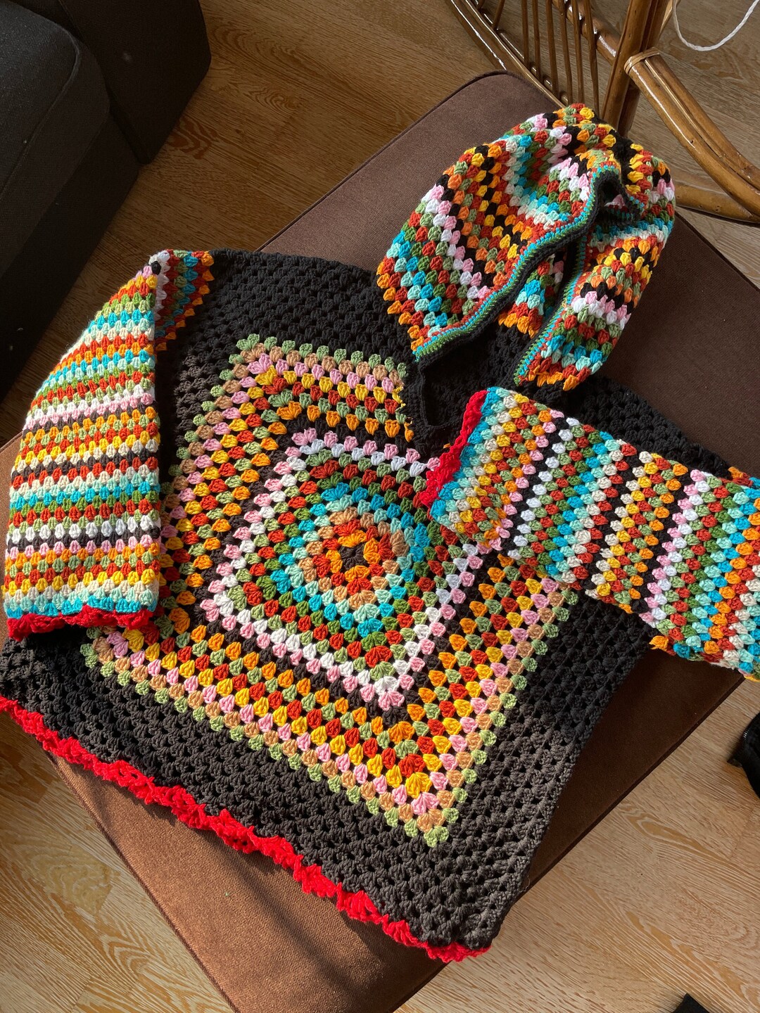 Black Granny Square Hoodie, Handmade Granny Square Pullover, Crochet ...