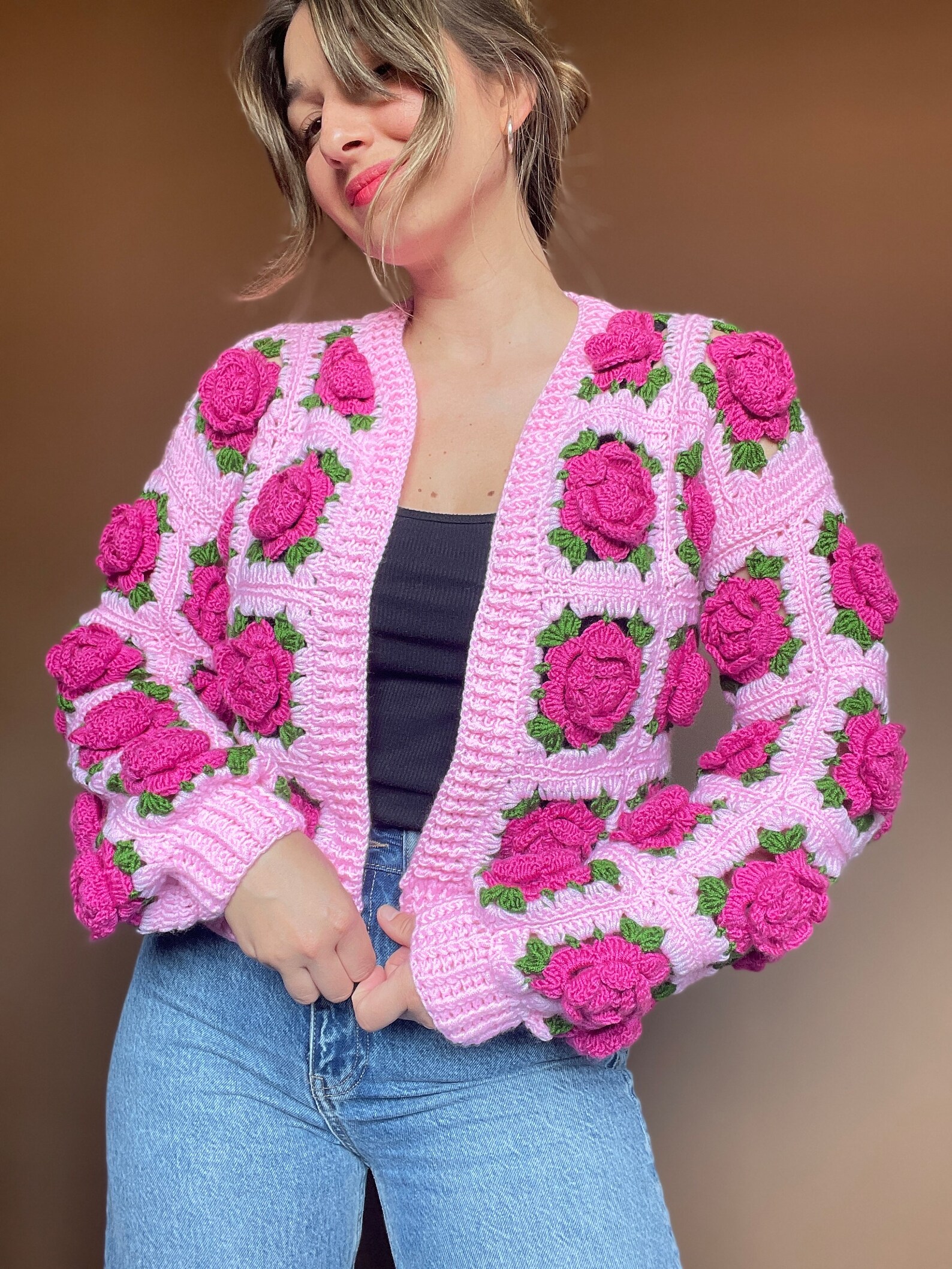 Crochet Jumbo Rose Cardigan, Pink Granny Square, Hand-knitted - Etsy