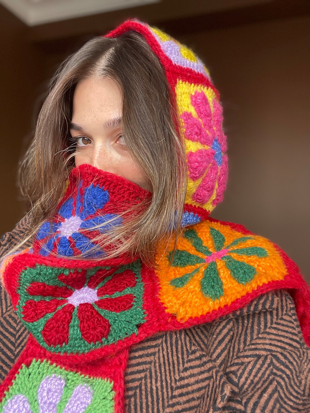 Crochet Balaclava Scarf, Red Daisy Colorful Balaclava Scarf, Unisex ...