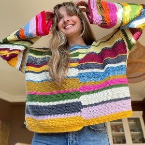 Crochet Colorful Sweater, Striped Patchwork Sweater, Big Sleeves Warm ...