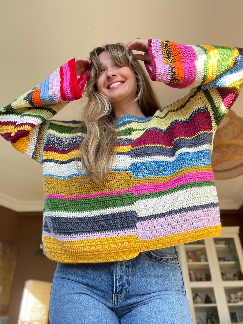 Handmade Crochet Patchwork Sweater: Colorful Striped Cotton Knit - Etsy