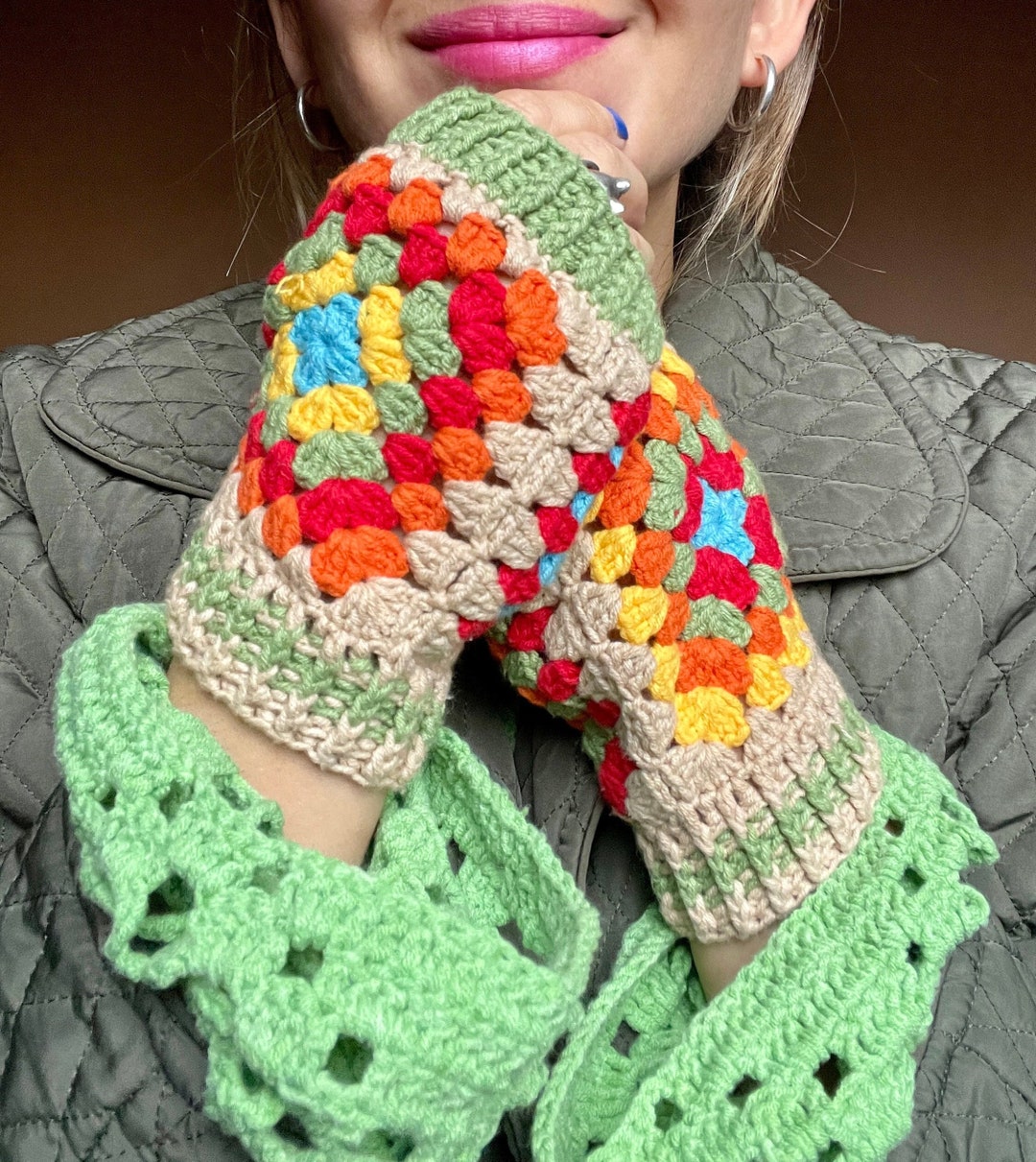 Crochet Granny Square Mitts, Handmade Crochet Glove, Warm Winter Glove ...