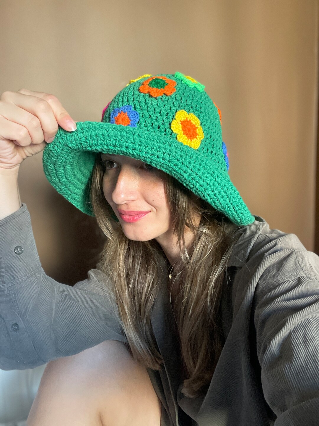 Crochet Daisy Hat, Handmade Sun Protection Hat, Green Cotton Crochet ...