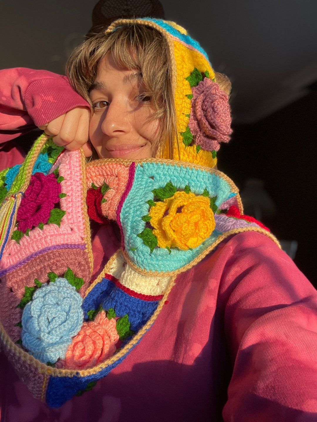 Handmade Crochet Rose Scarf: Colorful Boho Neck Warmer - Etsy