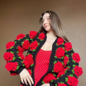 Crochet Jumbo Rose Cardigan, Black Granny Square Cardigan, Bhava's ...