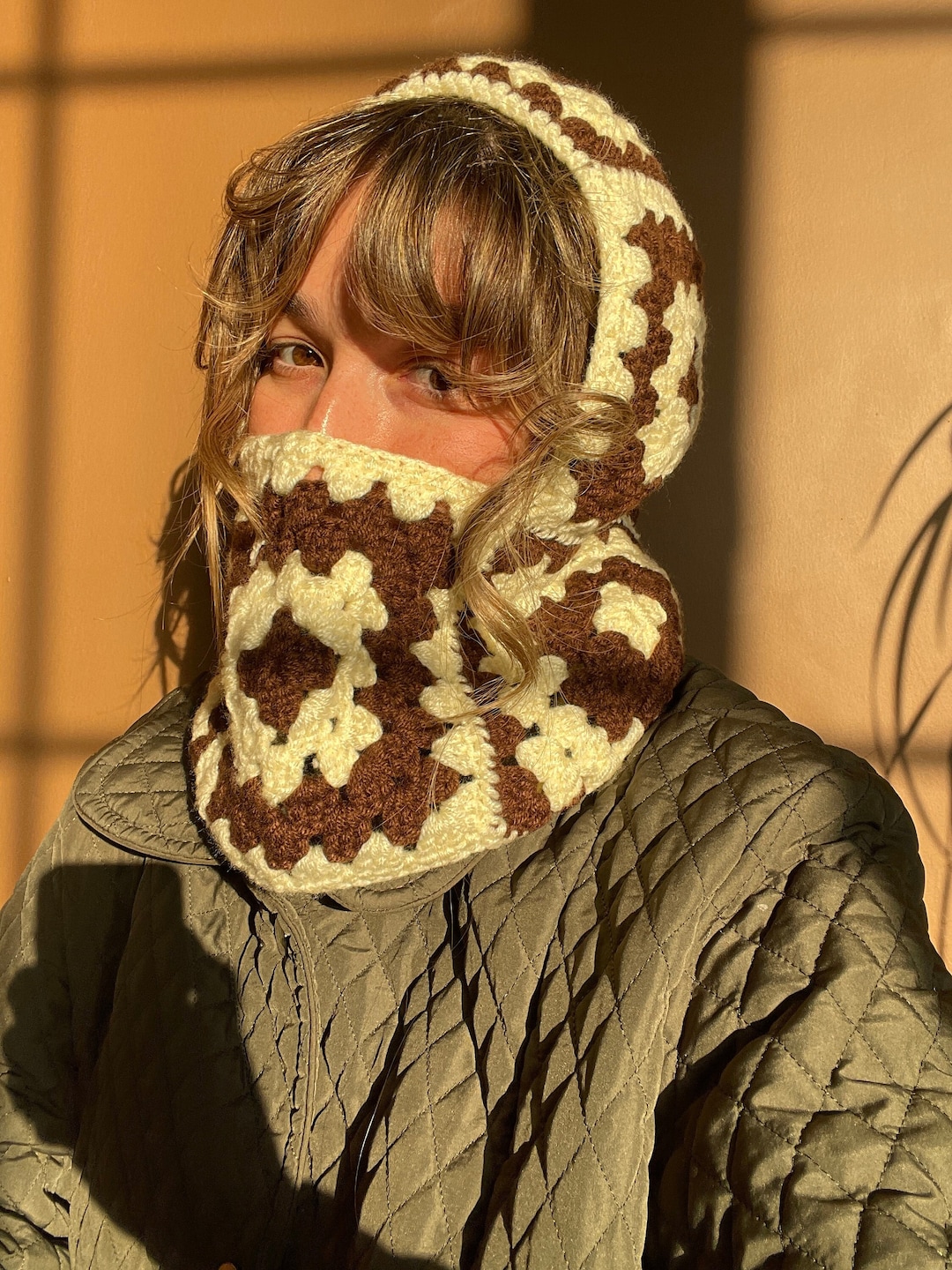 Crochet Balaclava, Brown and Cream Granny Square Balaclava, Handmade ...