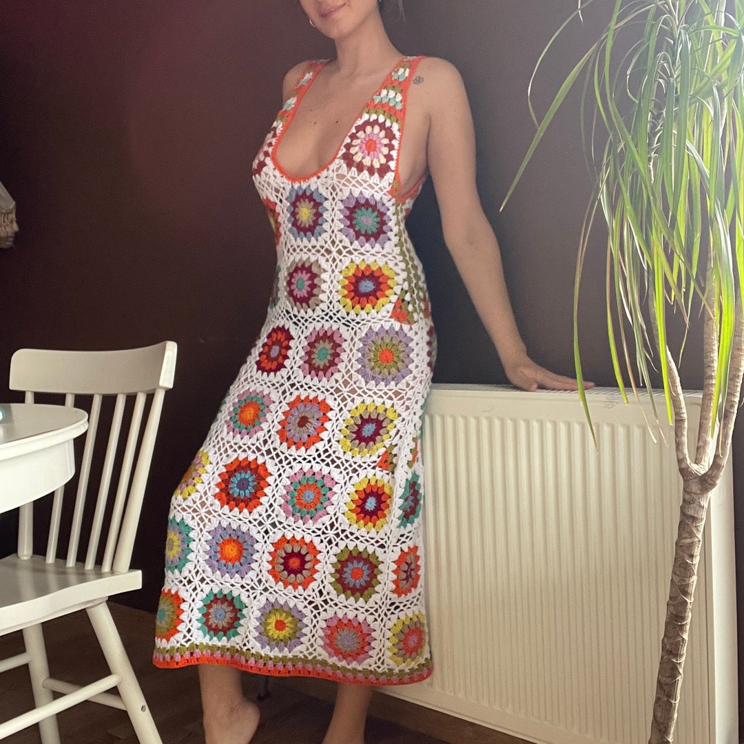Crochet Granny Square Dress for Women, Handmade Granny Square Festival ...