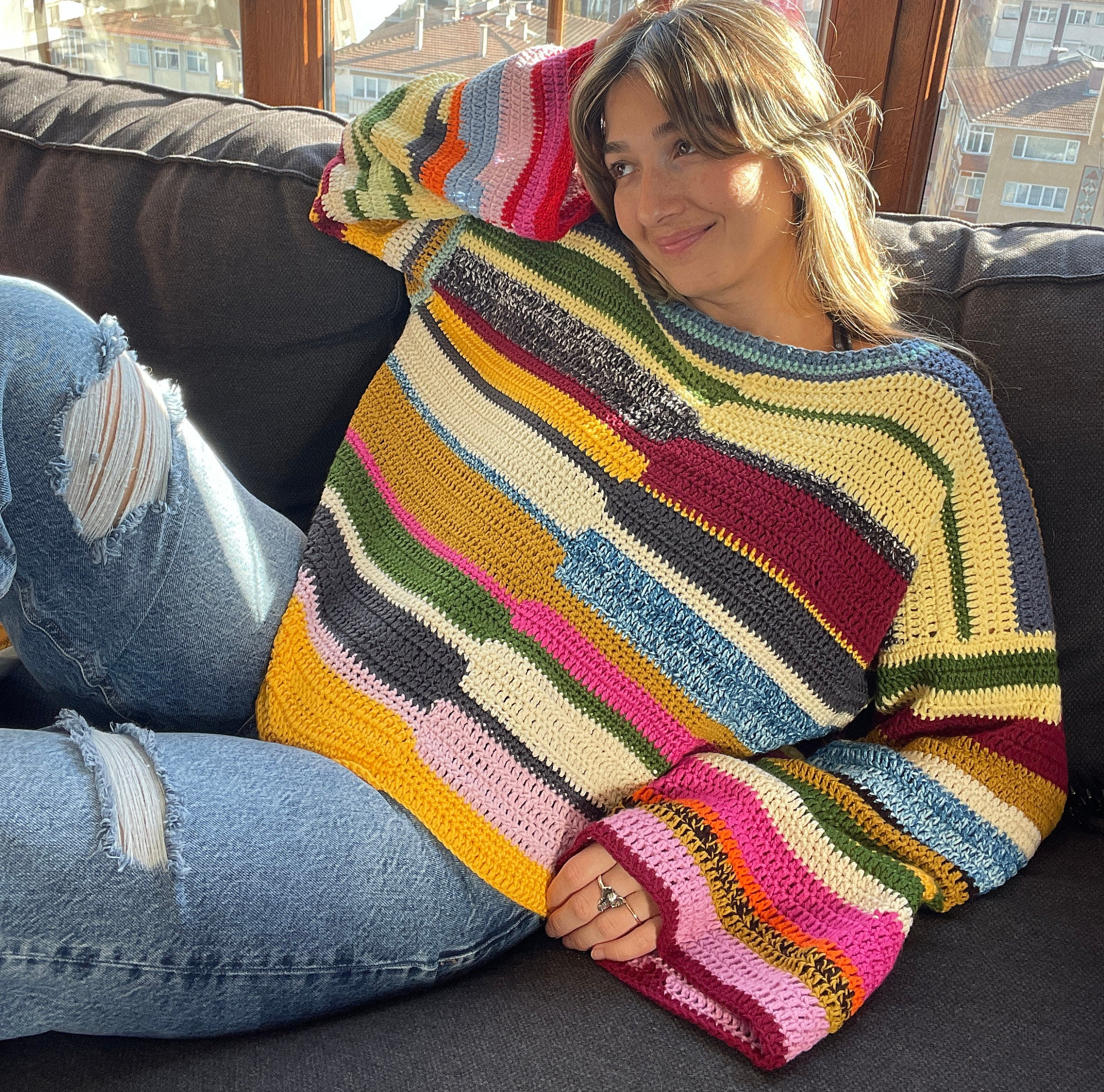 Handmade Crochet Patchwork Sweater: Colorful Striped Cotton Knit - Etsy