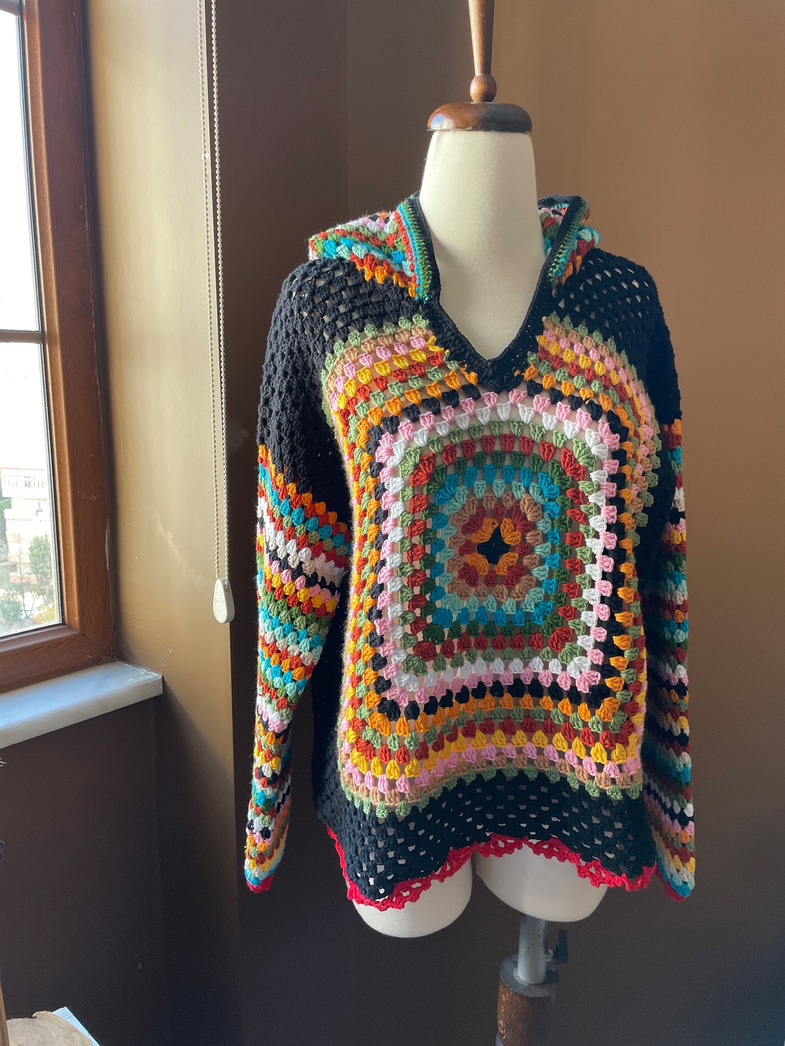 Handmade Crochet Granny Square Hoodie, Vintage Style Patchwork Sweater ...