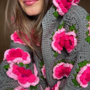 Crochet Jumbo Rose Cardigan With Hoodie, Handmade Cherry Blossom Warm ...