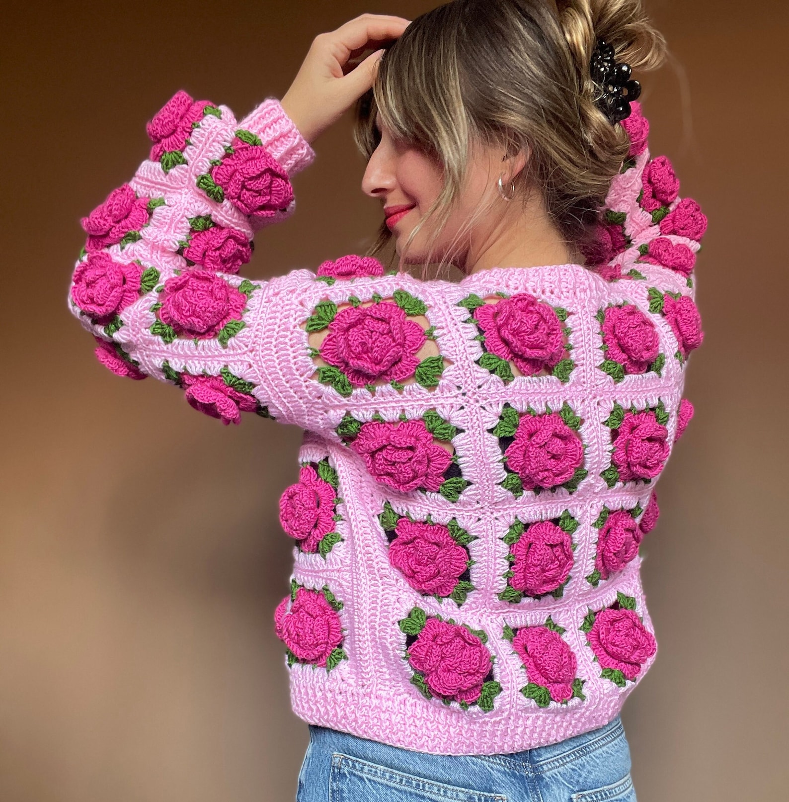Crochet Jumbo Rose Cardigan, Pink Granny Square, Hand-knitted - Etsy