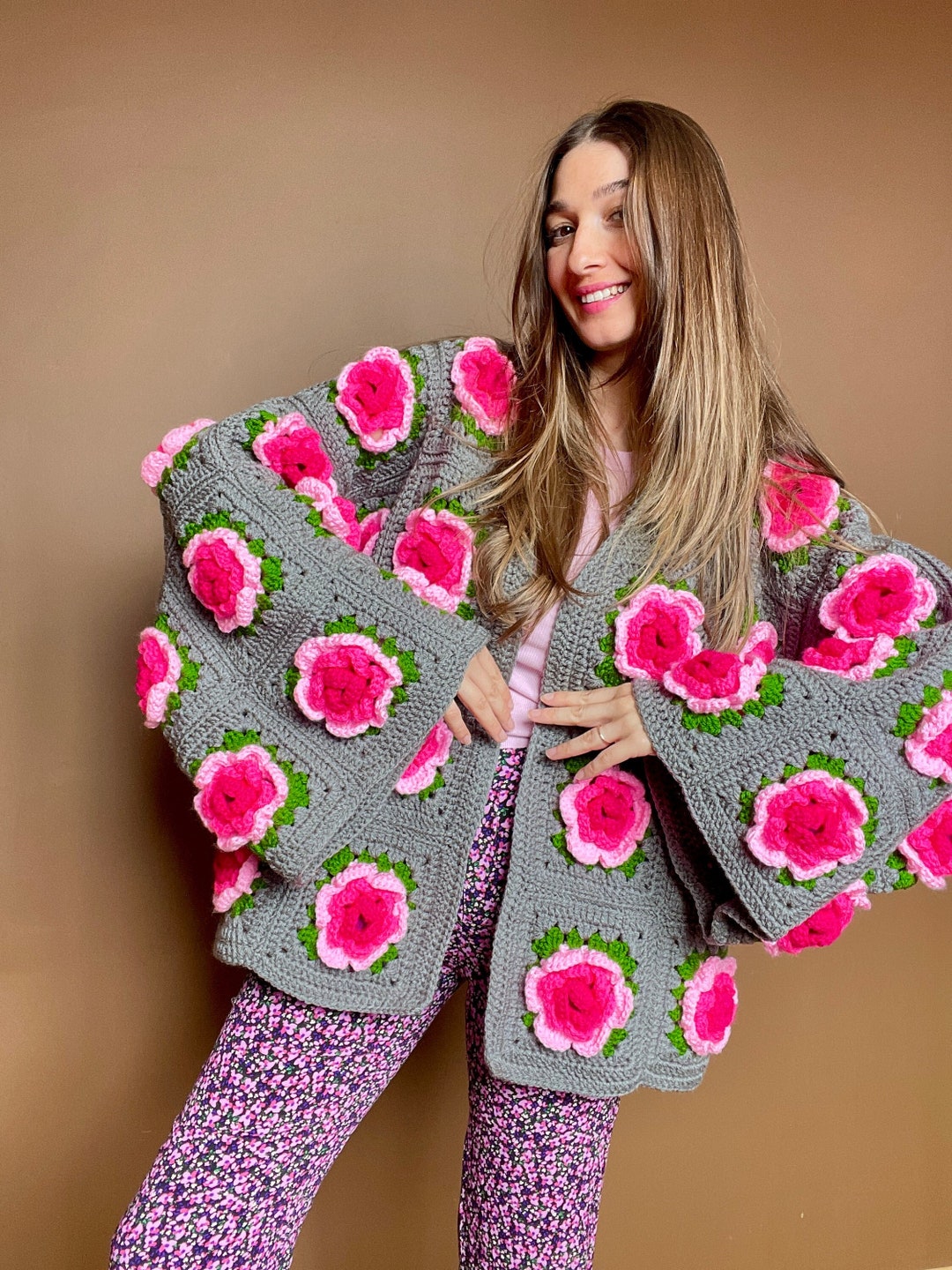 Crochet Jumbo Rose Cardigan With Hoodie, Handmade Cherry Blossom Warm ...