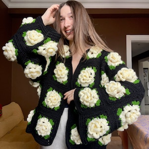 Crochet Jumbo Rose Cardigan, Black and Cream Rose Cardigan, Crochet ...