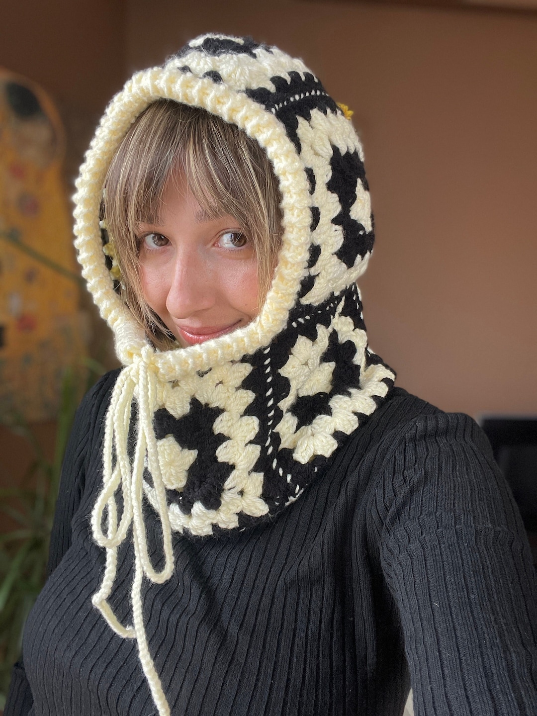 Crochet Balaclava, Granny Square Warm Black Cream Thick Balaclava, Ski ...