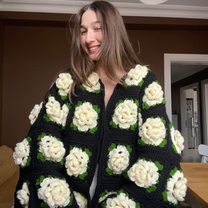 Crochet Jumbo Rose Cardigan, Black and Cream Rose Cardigan, Crochet ...