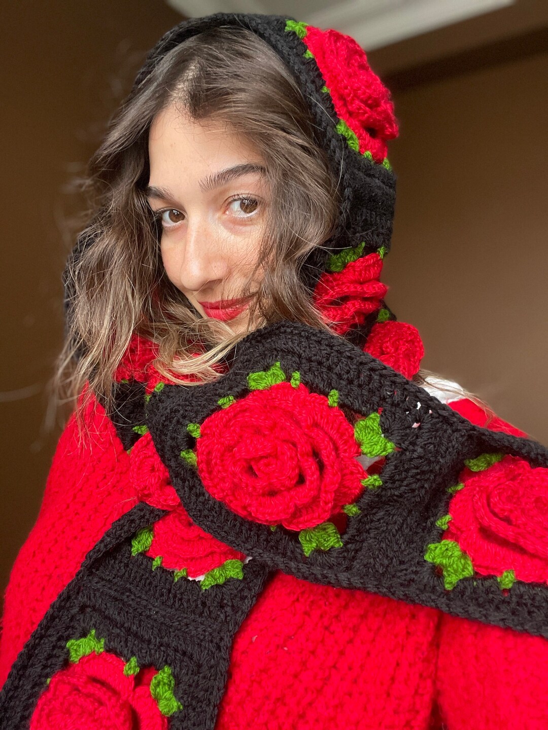 Crochet Rose Scarf, 2 Different Colors Handmade Scarf, Bhava Style ...