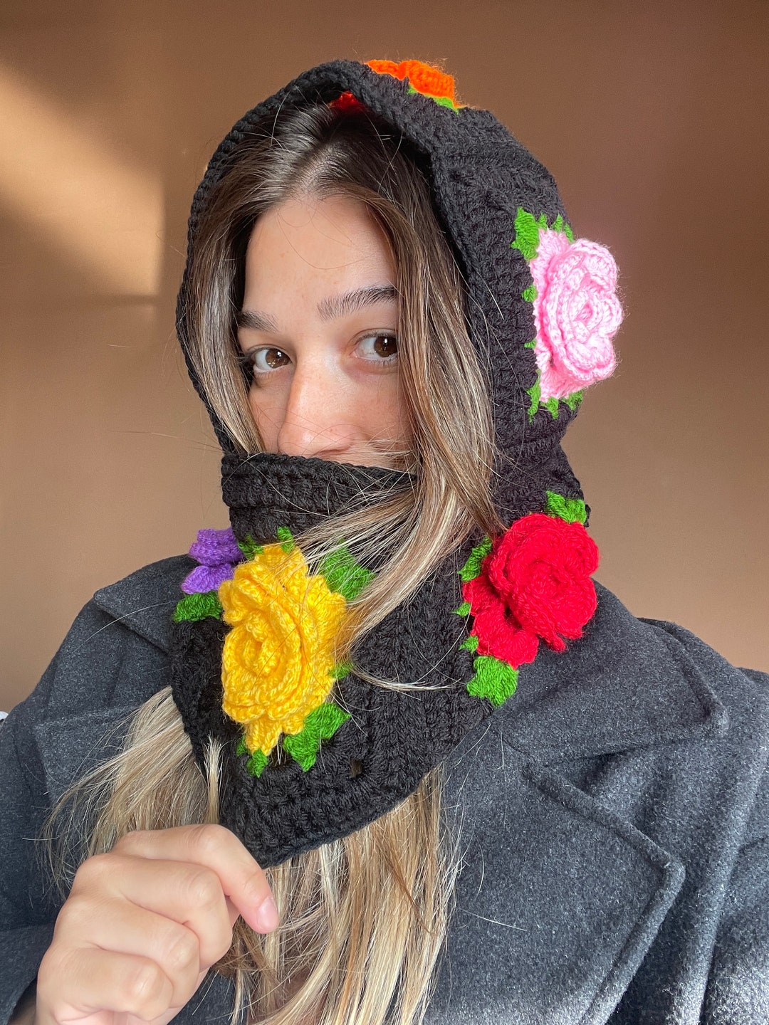 Crochet Black Colorful Rose Design Balaclava, Colorful Floral Balaclava ...