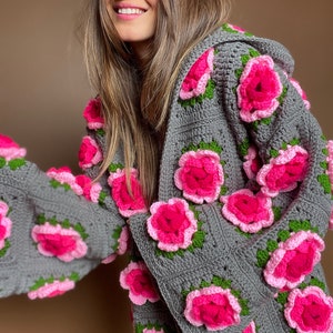 Crochet Jumbo Rose Cardigan With Hoodie, Handmade Cherry Blossom Warm ...