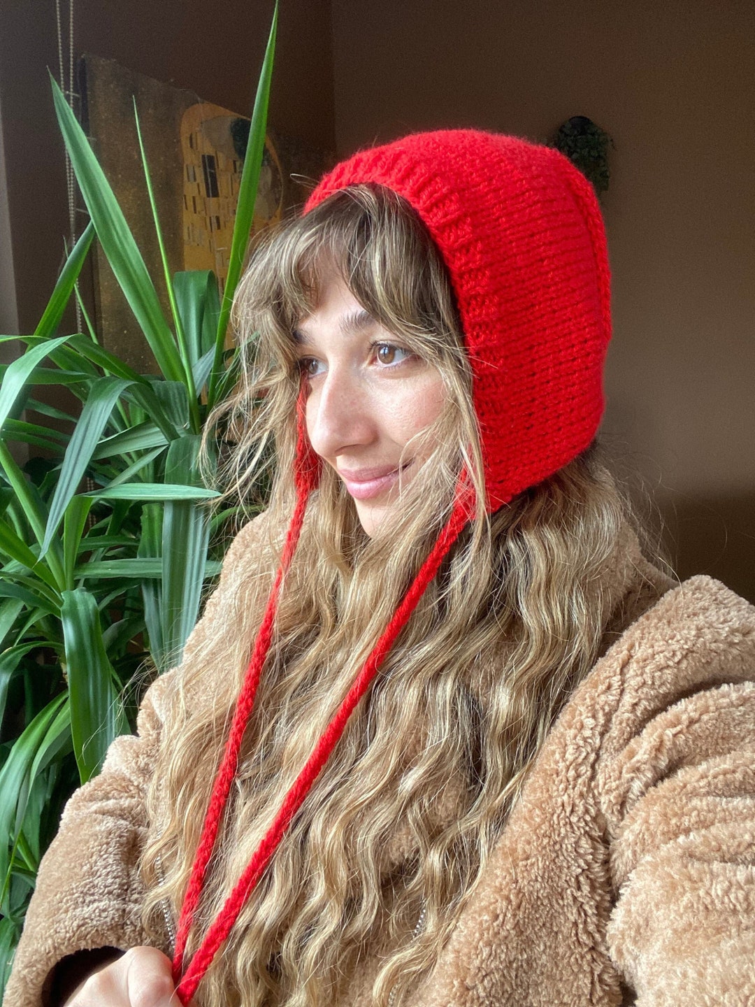 Hand Knit Tie Bonnet, Red Winter Warm Hat, Crochet Balaclava Bonnet, Handmade Bonnet, Adult ...