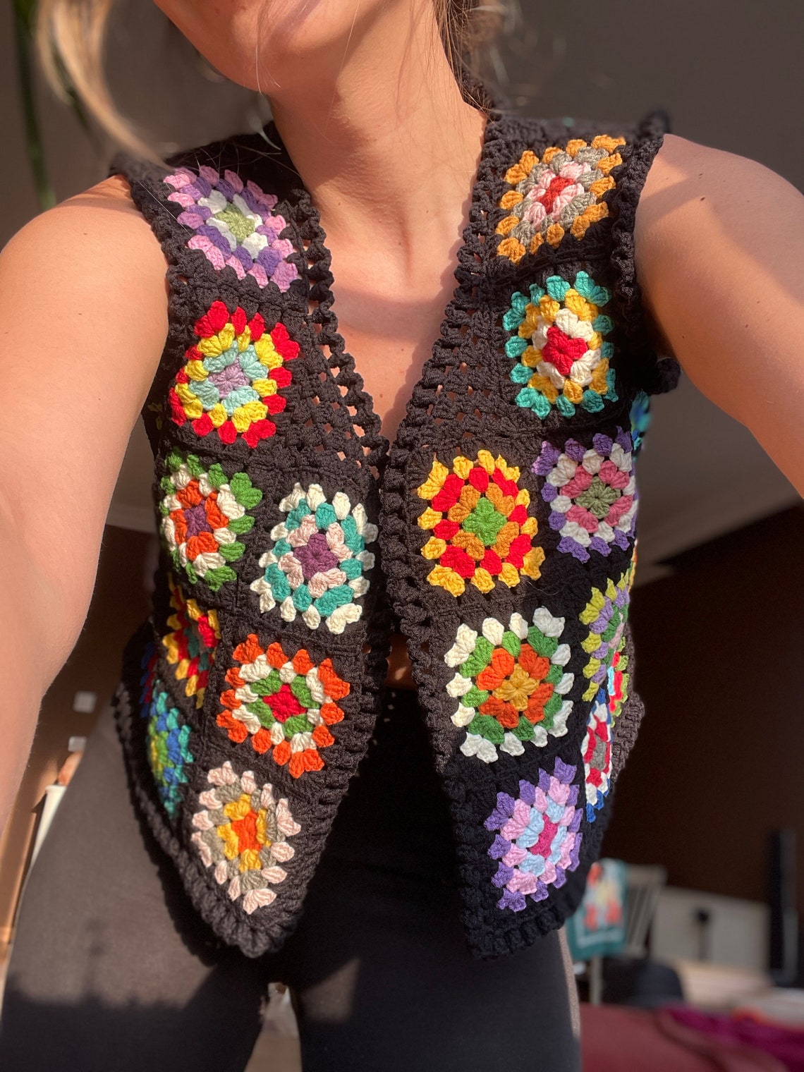 Crochet Black Vest Granny Square Sweater Vest Handmade Vest - Etsy