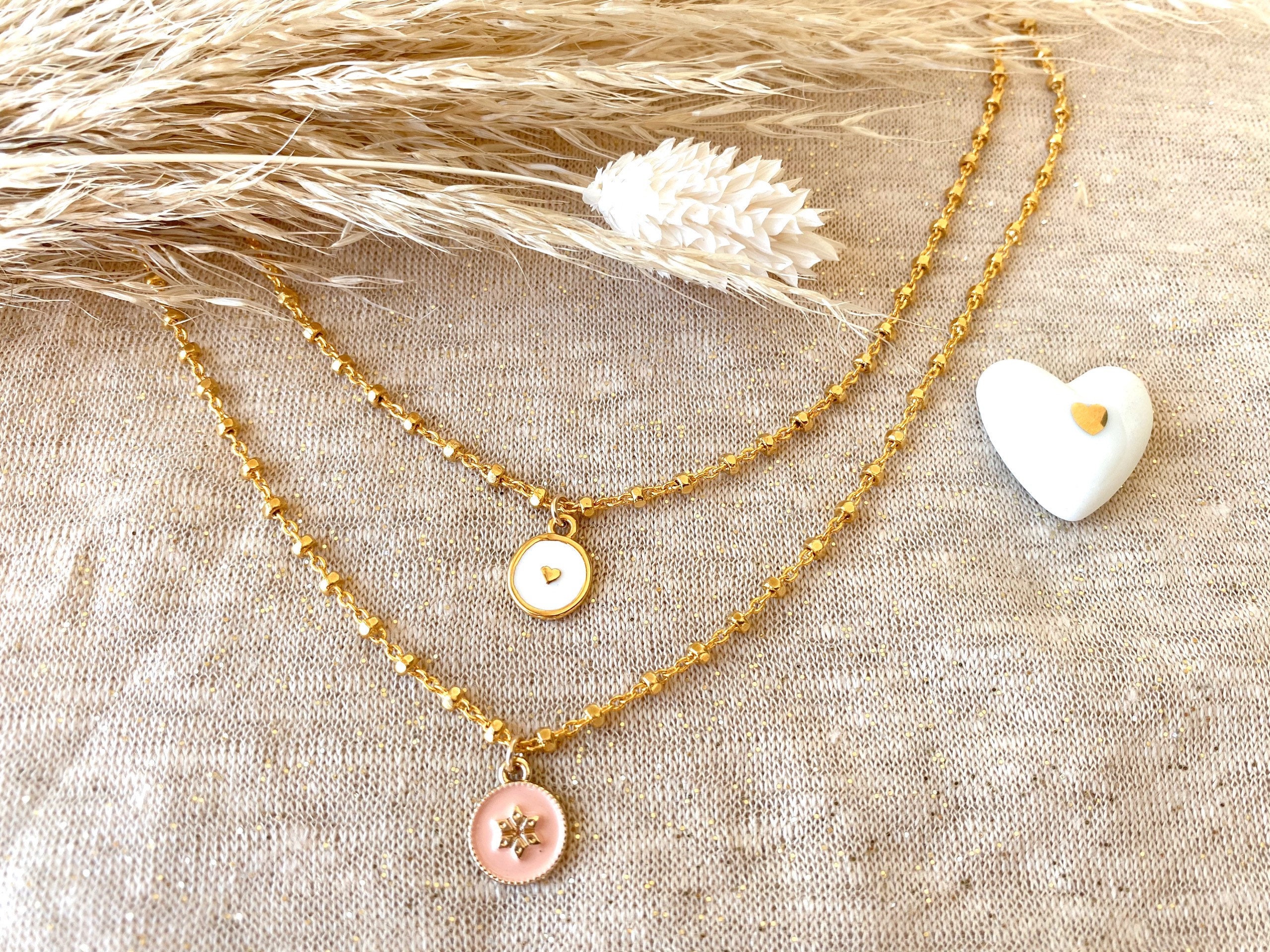 Anaïs Beaded Chain Necklace and 24k Gold-plated White Heart - Etsy UK