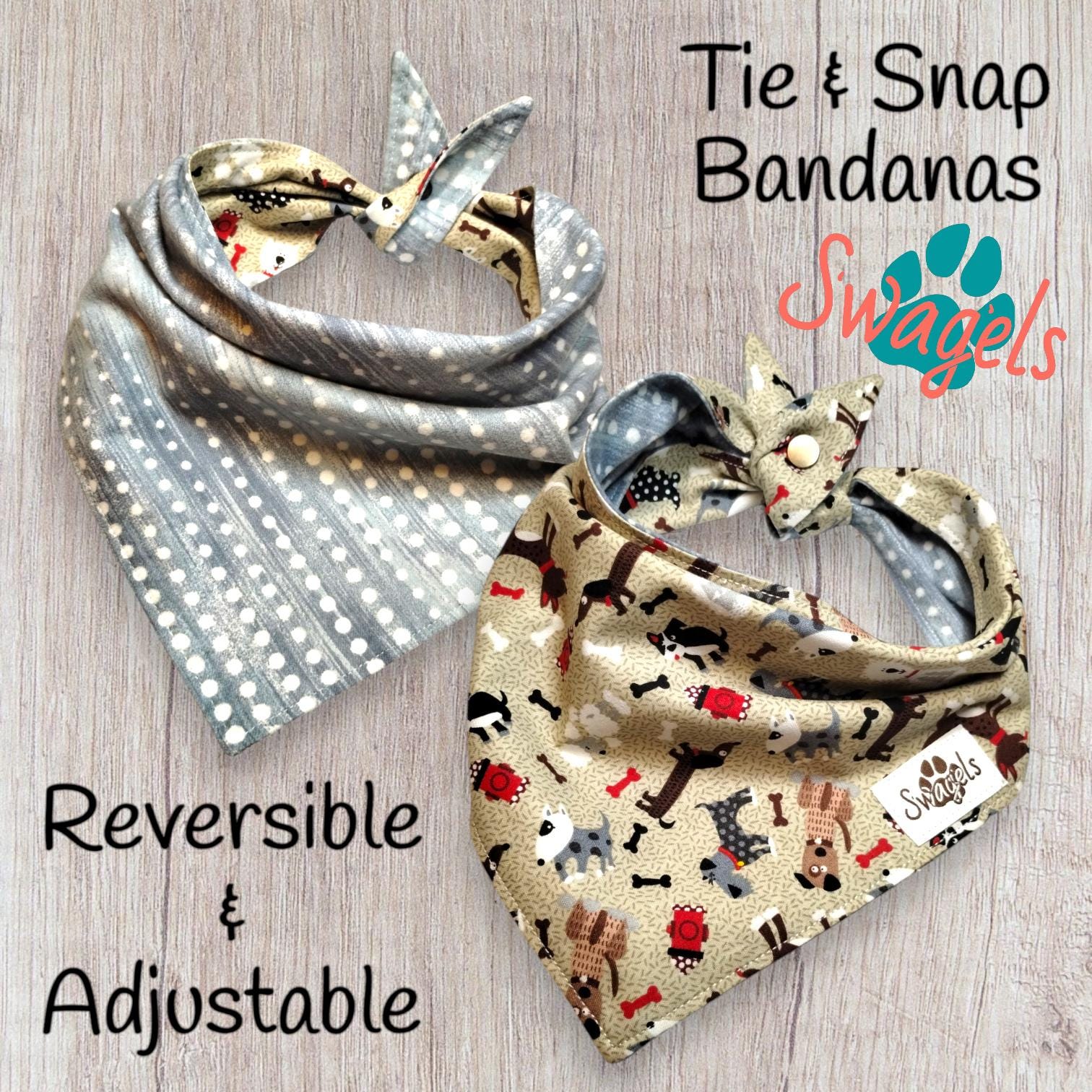Reversible Dog Bandana: Tan Puppy Print, Dotted Flannel, Snap & Tie - Etsy