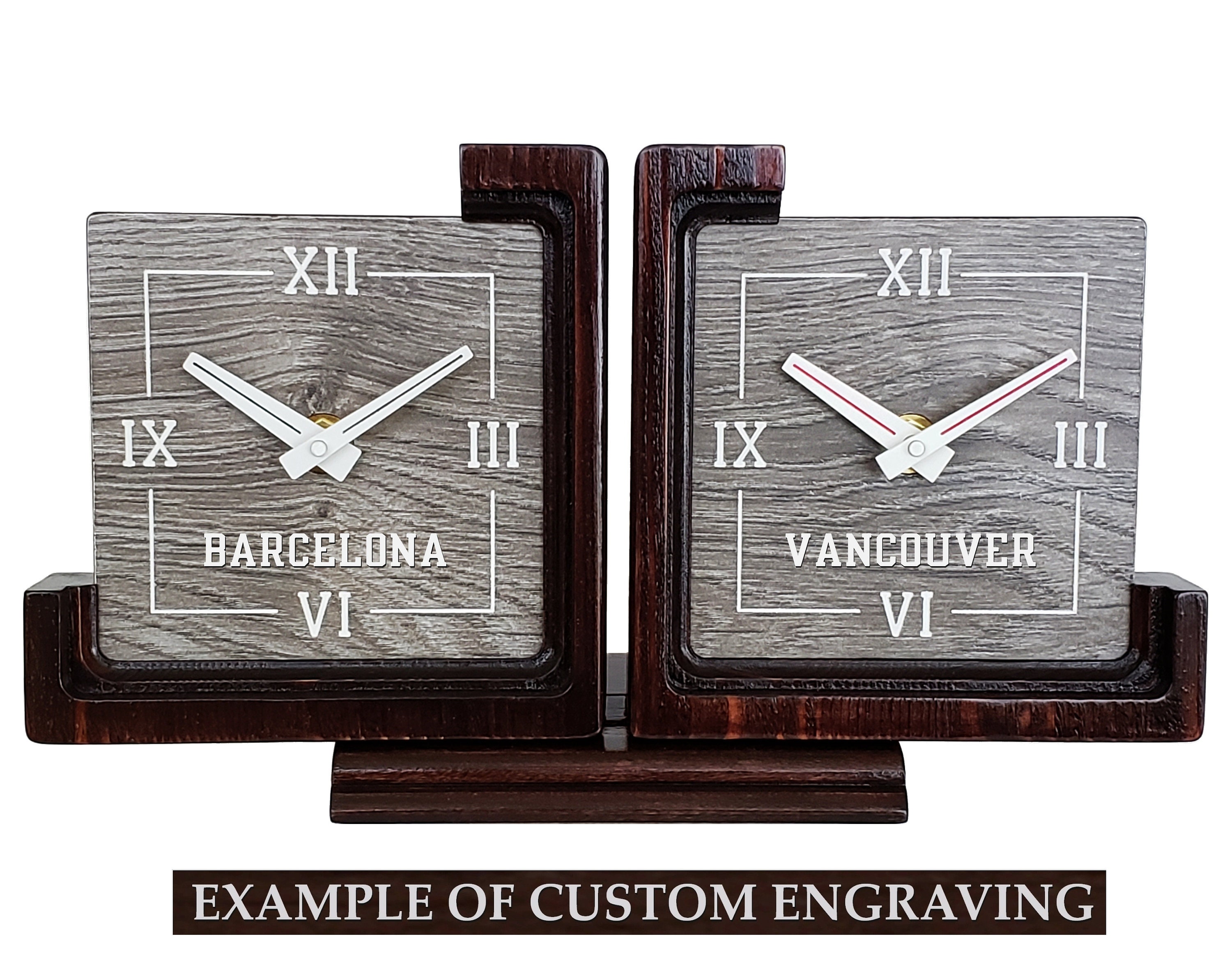 Dual Time Desk Clock, Tilted Back Custom Engraved Gift - Etsy