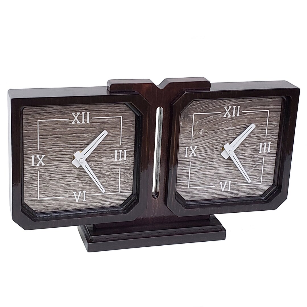 Dual Time Desk Clock, Dark Choco Custom Engraved Gift - Etsy