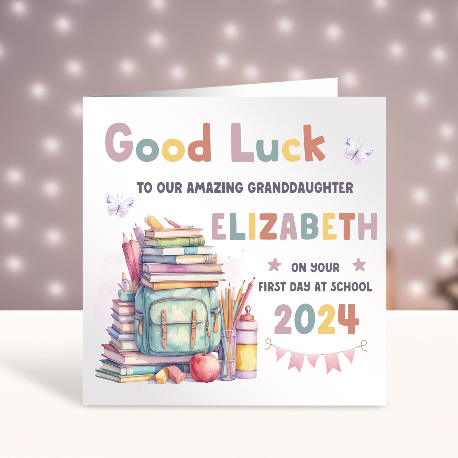 Girls First Day at School Card, Personalised Good Luck Card for ...