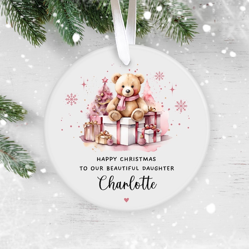 Personalised Christmas Ornament 2025 – Teddy Bear and Pink Tree ...