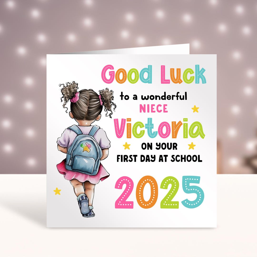 Girls First Day at School Card, Personalised Good Luck Card for ...
