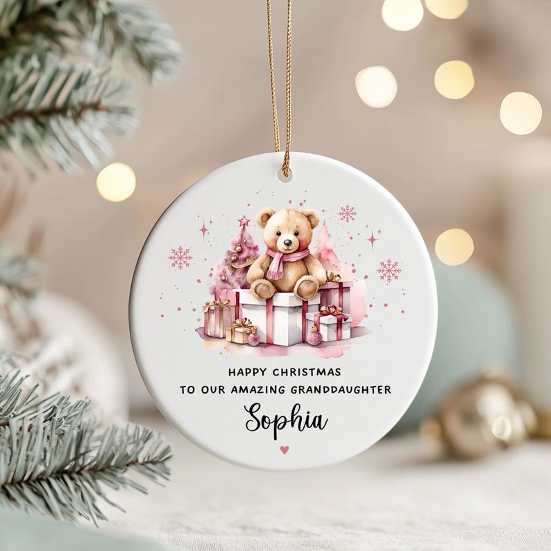 Personalised Christmas Ornament 2025 – Teddy Bear and Pink Tree ...