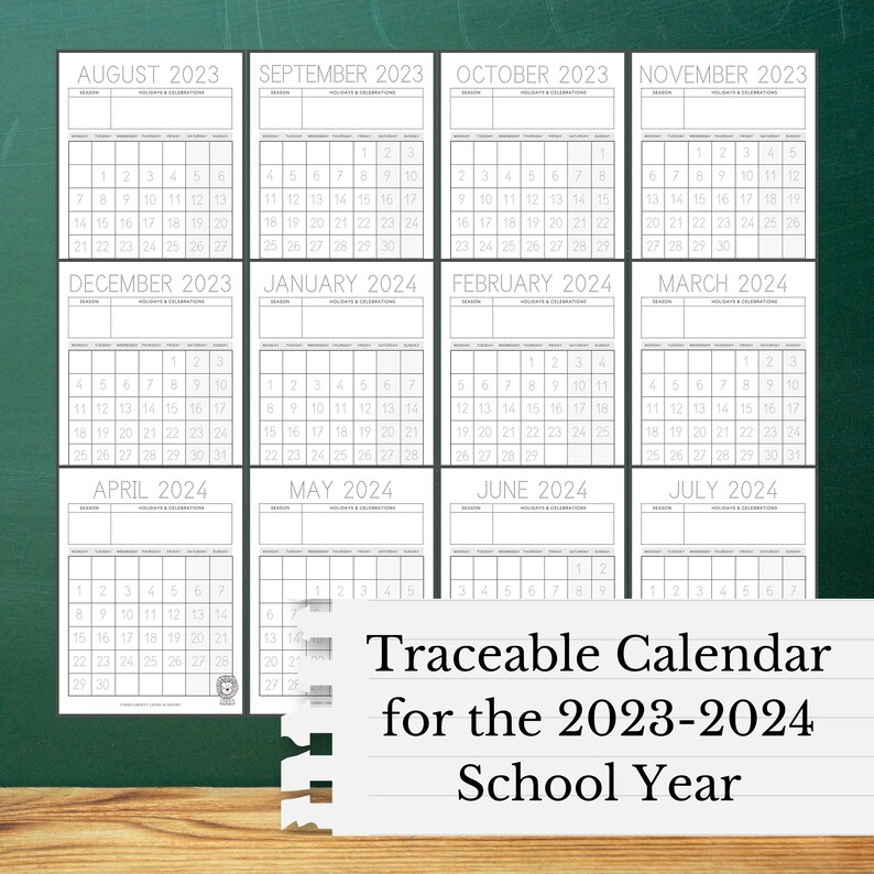 Traceable Monthly Calendar, Elementary, Handwriting Practice, Preschool ...