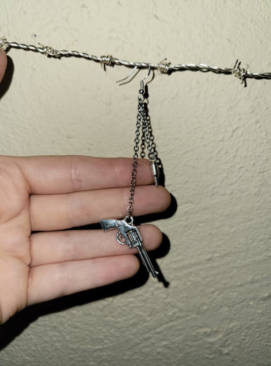 Silver Toned Double Chain Revolver and Bullet Dangle Earring Single or ...