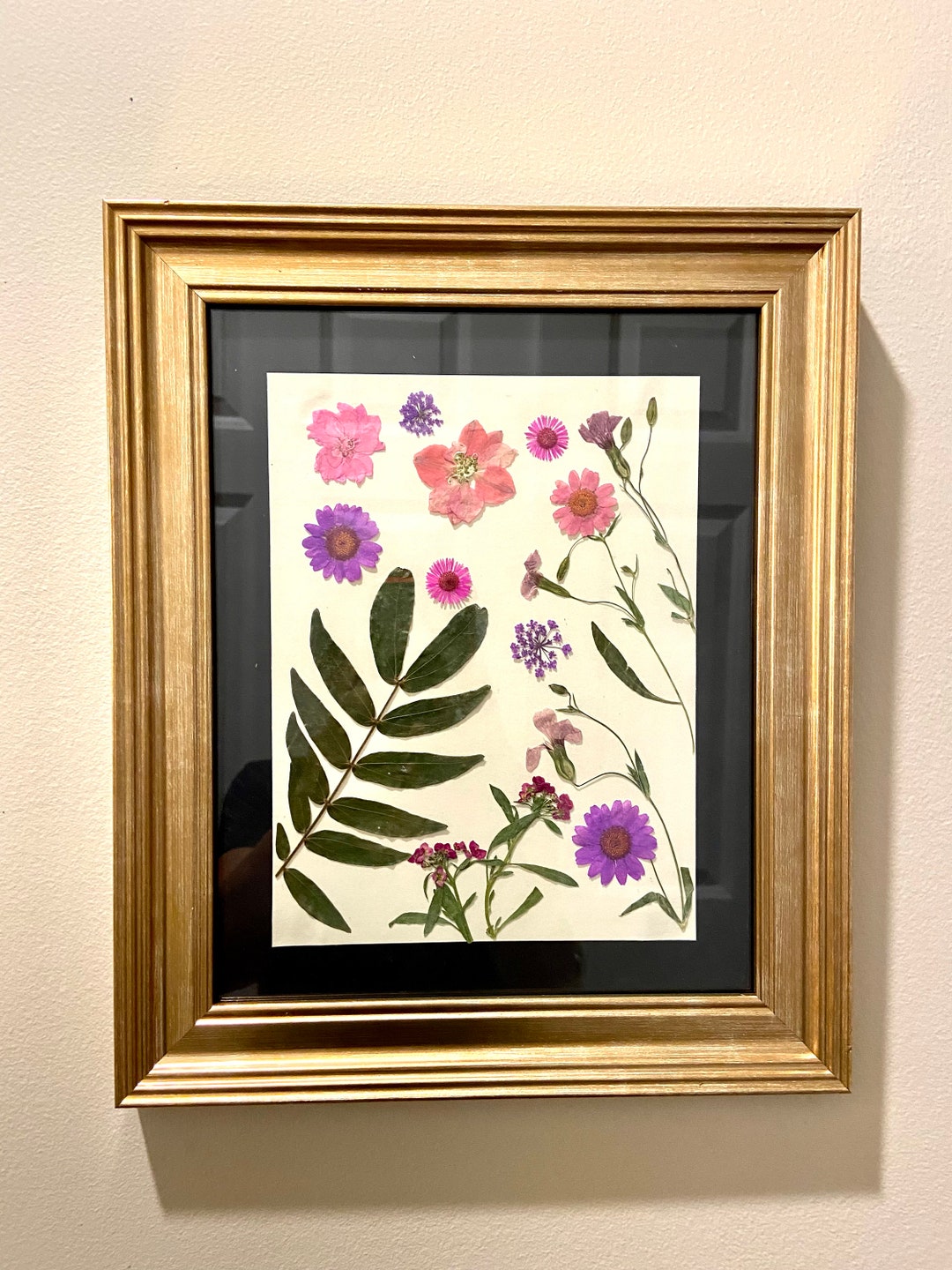 Pressed Flower Art,pressed Flower Wall Decor,pressed Flower Gold Frame ...