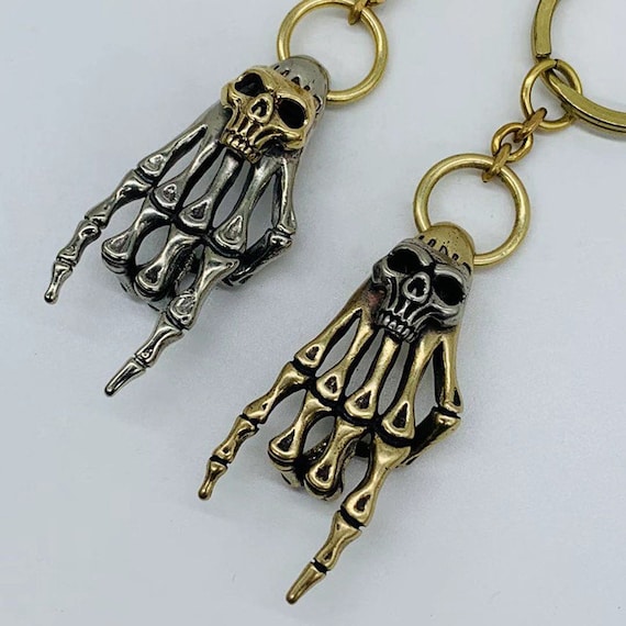 Brass Skeleton Hand Pendant Inlaid With Skull Head Keychain - Etsy