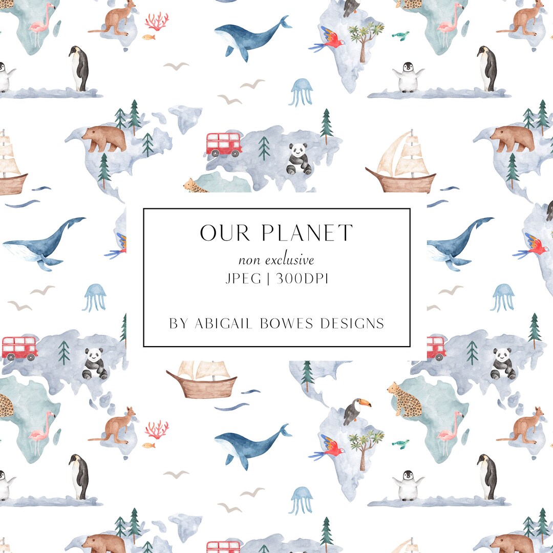 Our Planet, Planet Earth, Map, Animals, Watercolour, Seamless Pattern ...