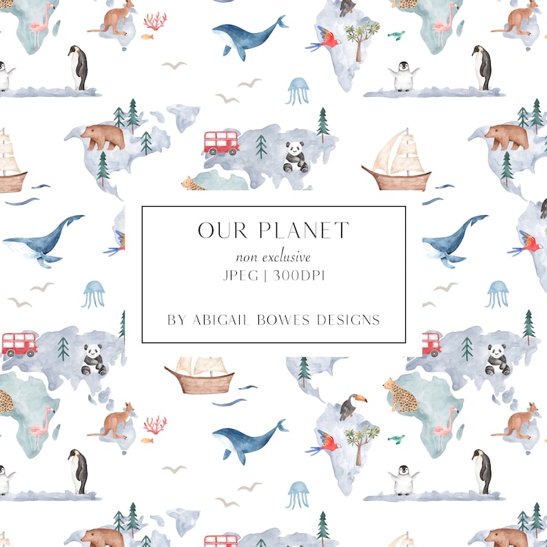 Our Planet, Planet Earth, Map, Animals, Watercolour, Seamless Pattern ...