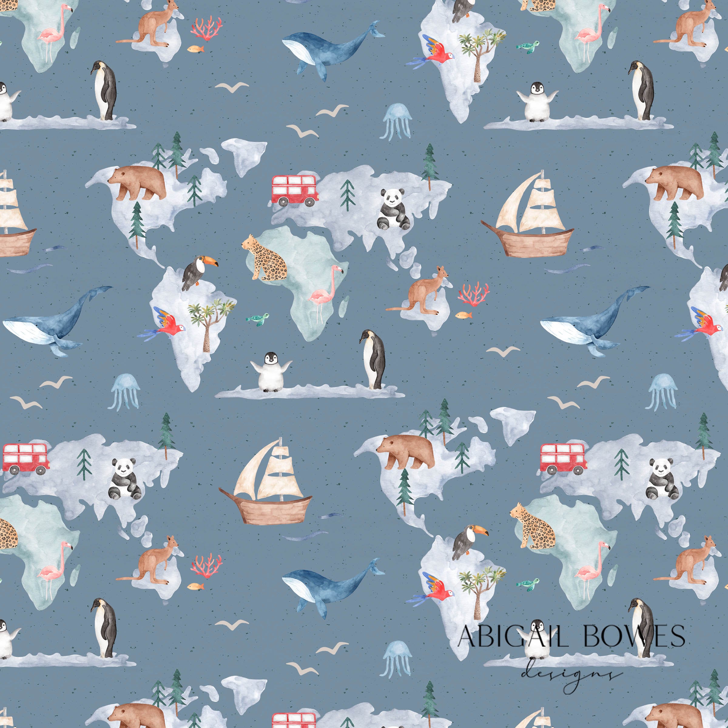 Our Planet, Planet Earth, Map, Animals, Watercolour, Seamless Pattern ...