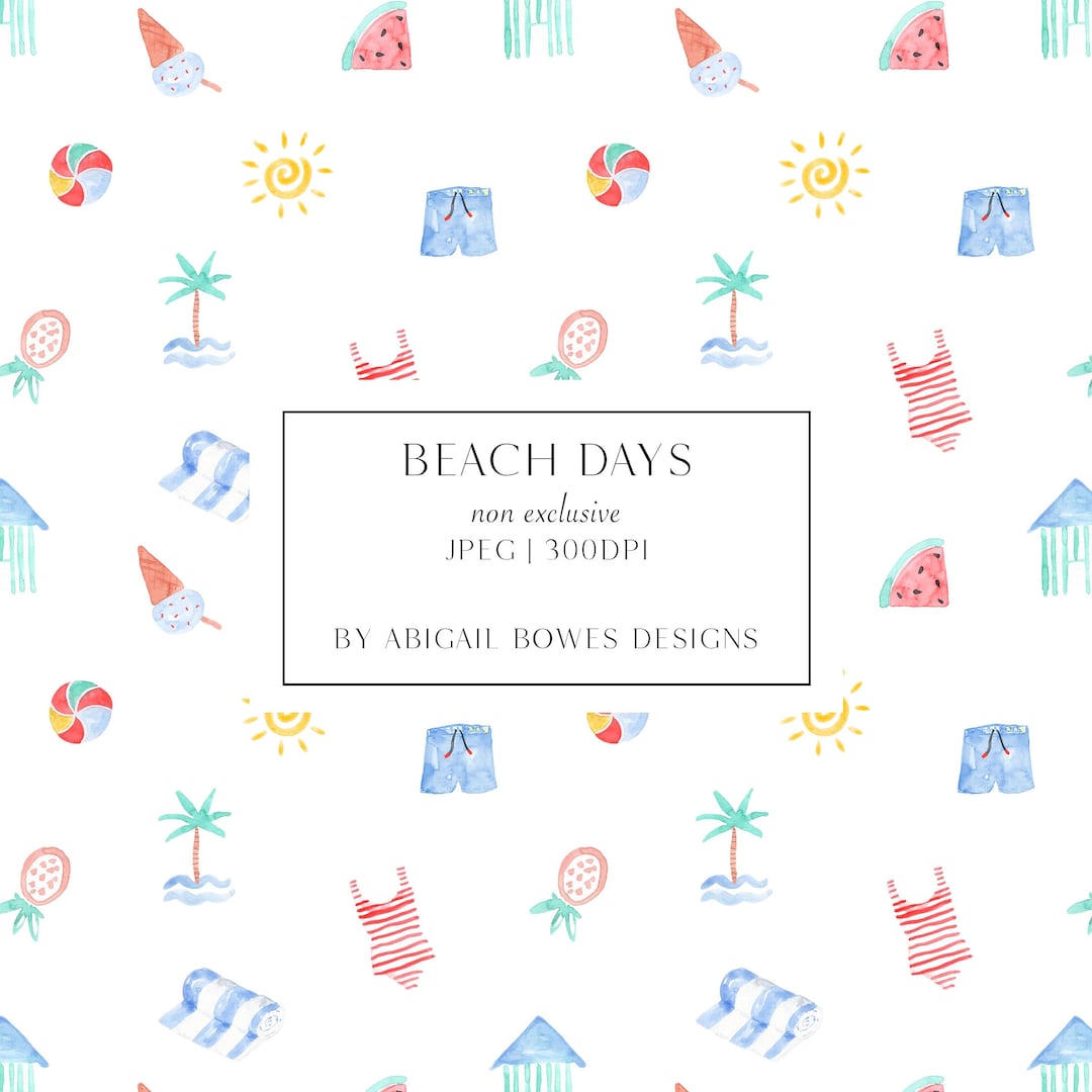 Beach Days, Summer Fabric Design, Watercolour, Seamless Pattern ...