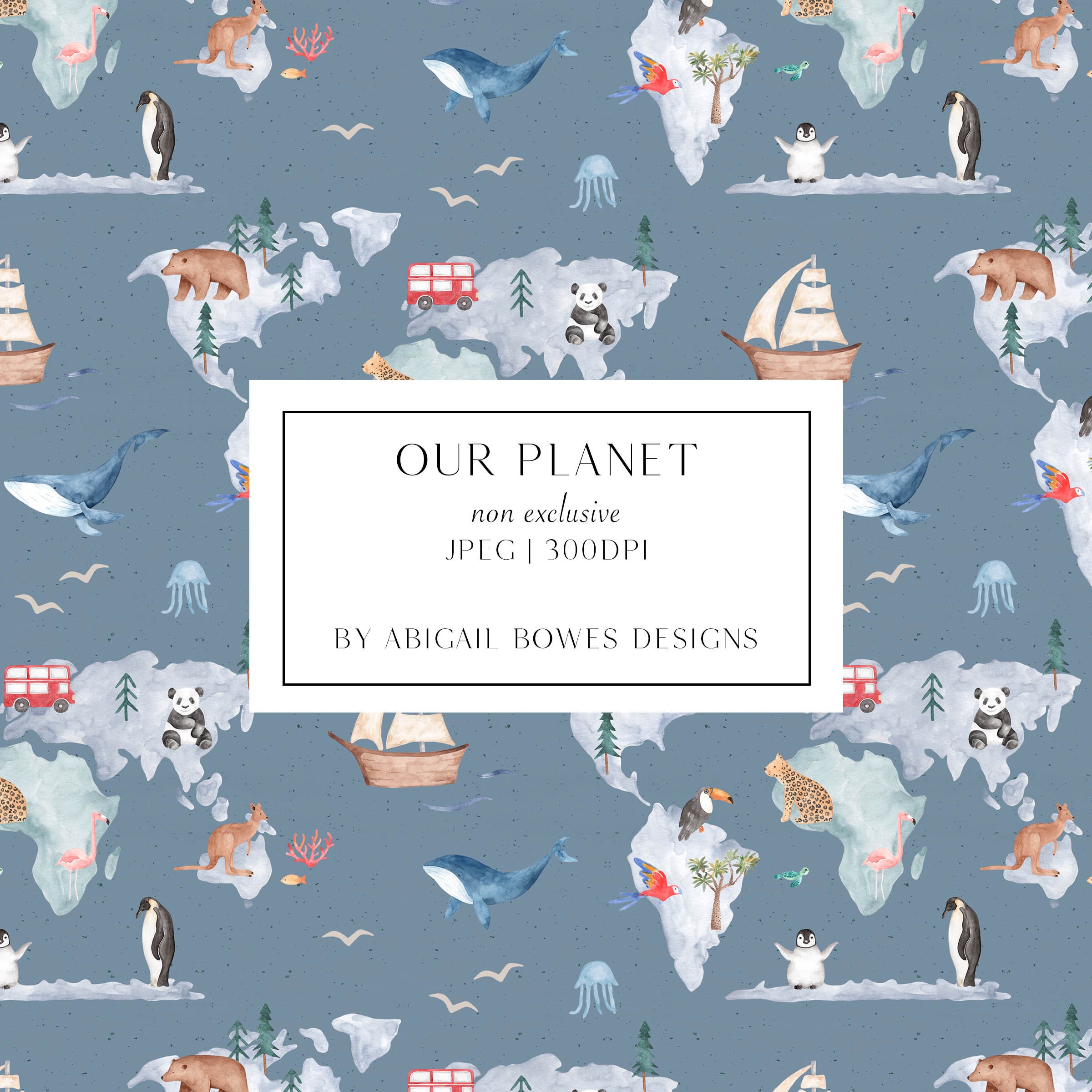 Our Planet, Planet Earth, Map, Animals, Watercolour, Seamless Pattern ...