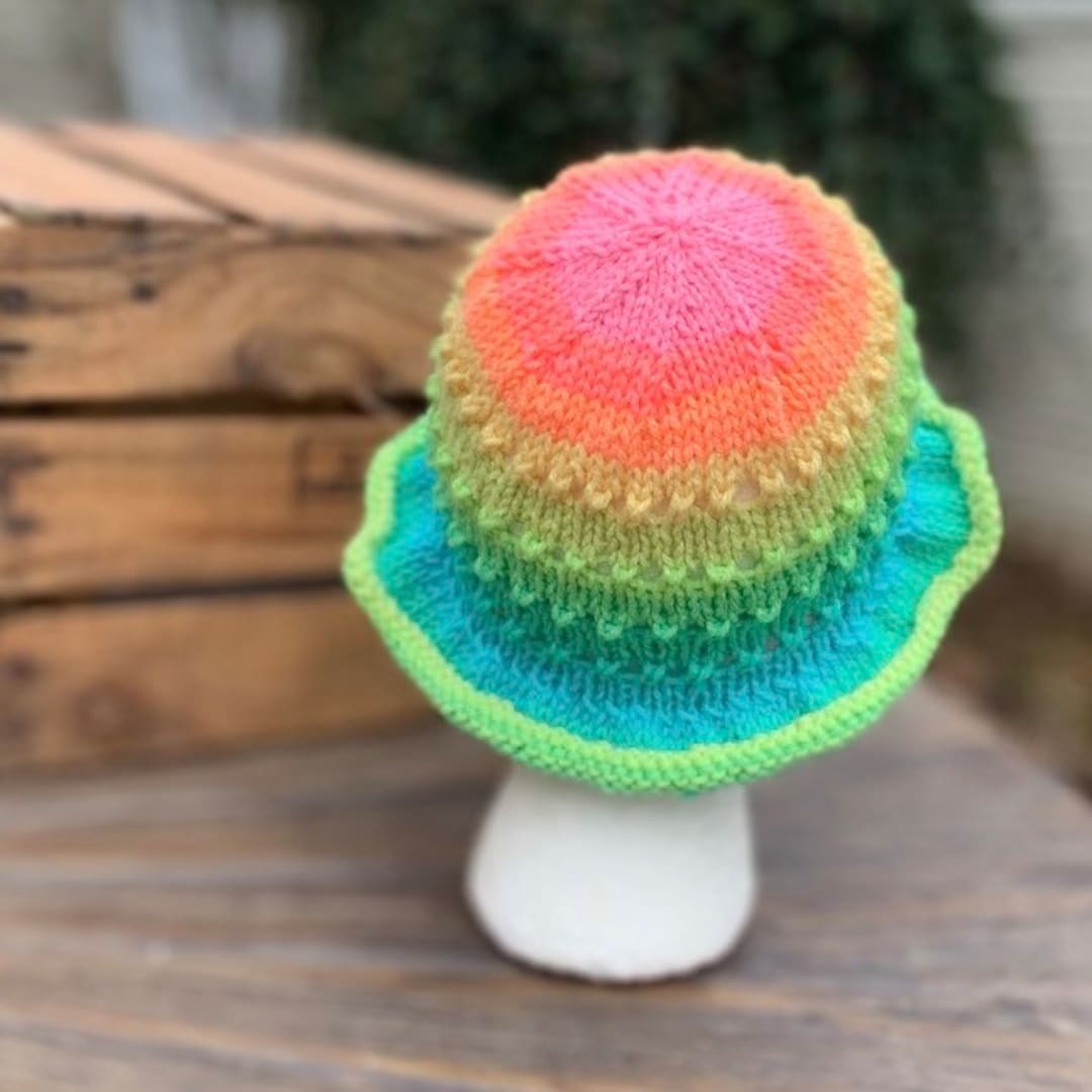 Neon Rainbow Bucket Hat, Hand Knit, Hand Made, Bright Colors, Summer ...