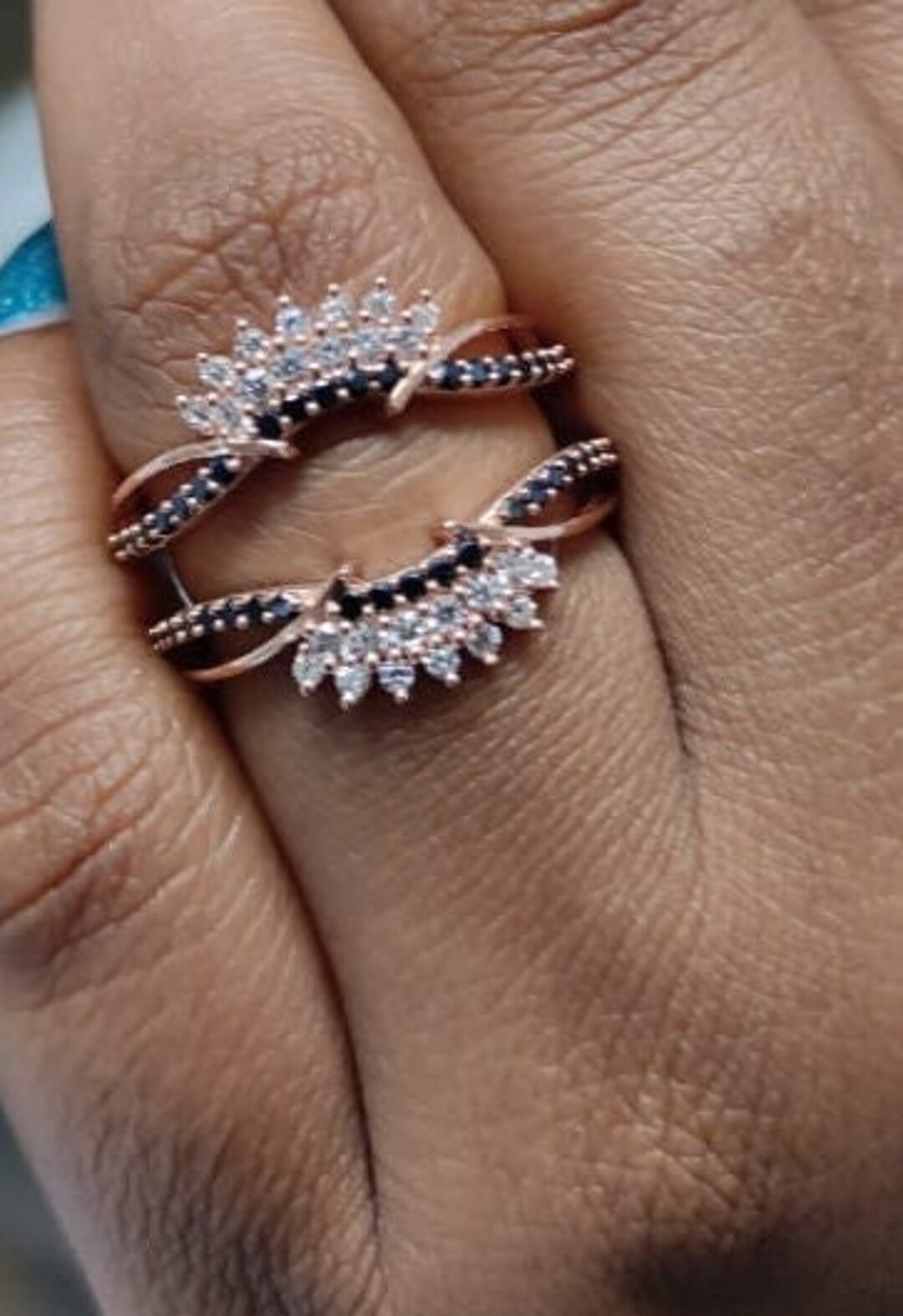 Black Diamond Solitaire Enhancer Wrap Guard Wedding Ring 14K Rose Gold ...