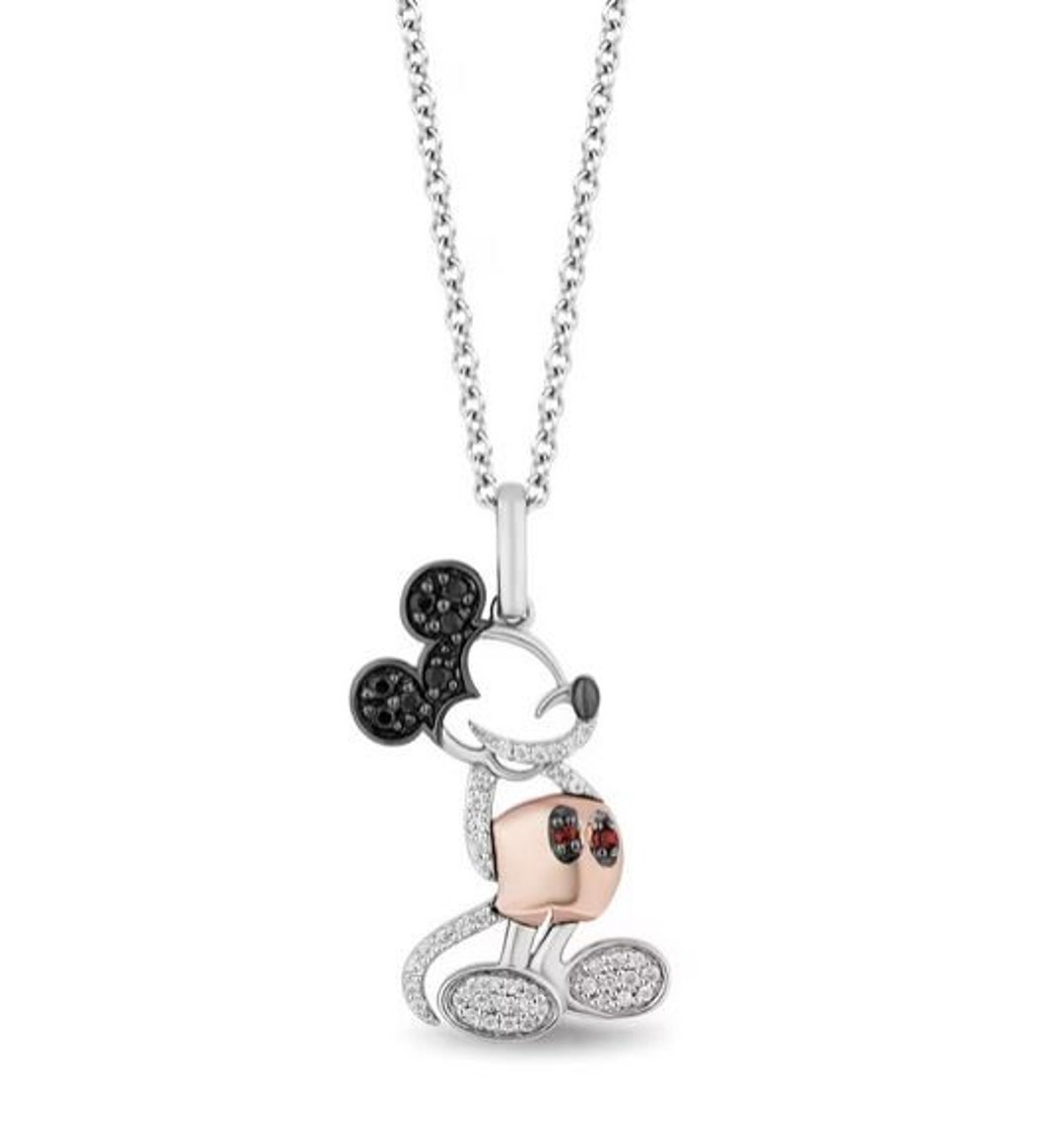Mickey Mouse Garnet & Diamond Necklace / Solid 925 Silver Mickey Mouse ...