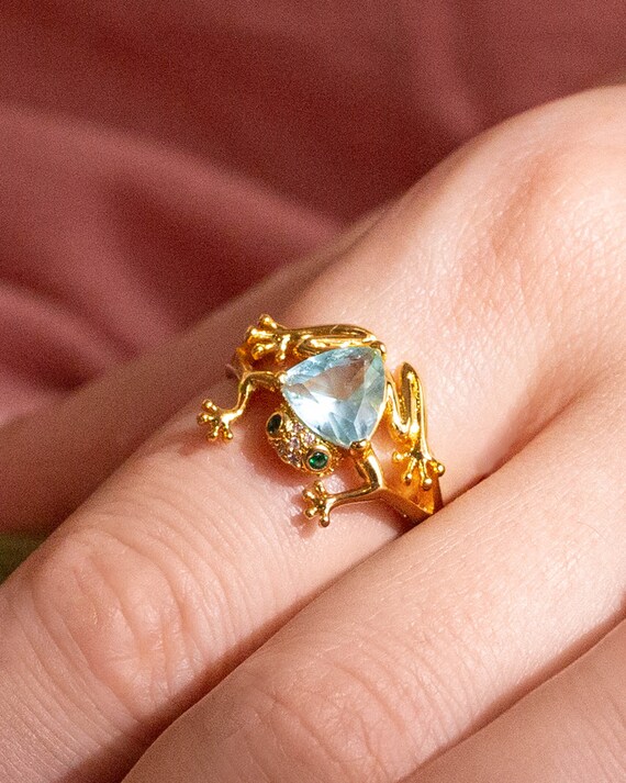 Aquamarine Frog Ring 22k Gold Plated Cute Toad Triangle Cut Blue CZ Ring Adjustable Sparkly Cocktail Ring Unique and Fun Jewelry Etsy