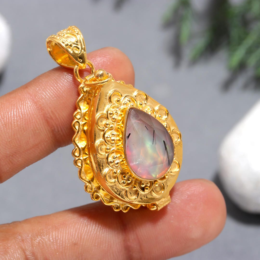 18K Gold Aurora Opal Locket: Black Rutile Quartz, Sterling Silver ...