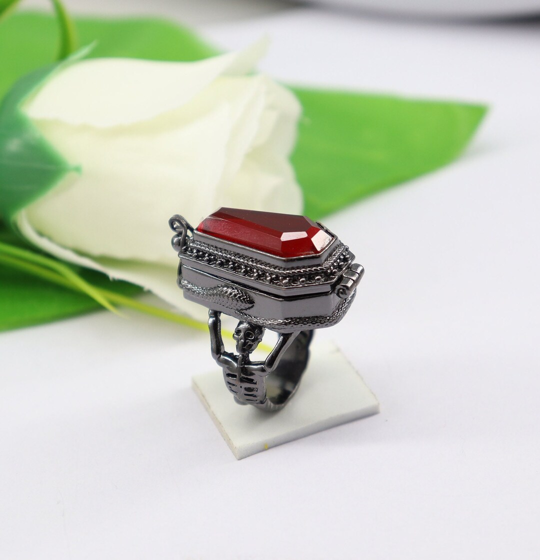 Red Glass Coffin Ring, Skeleton Coffin Ring, Snake Ring, Handmade Ring ...