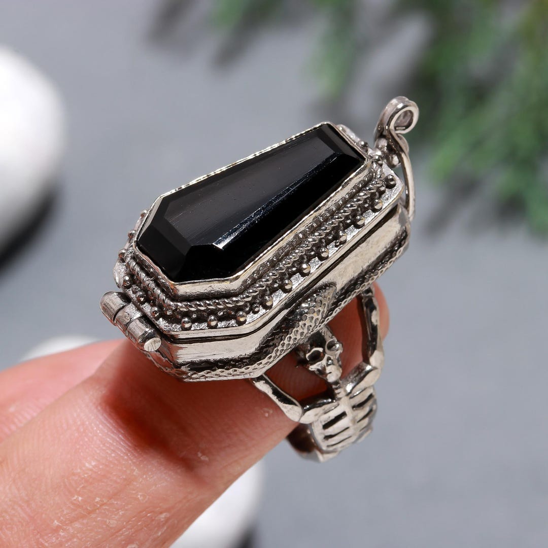 Natural Black Onyx Coffin Locket Ring, Skeleton Coffin Ring, Snake Ring ...